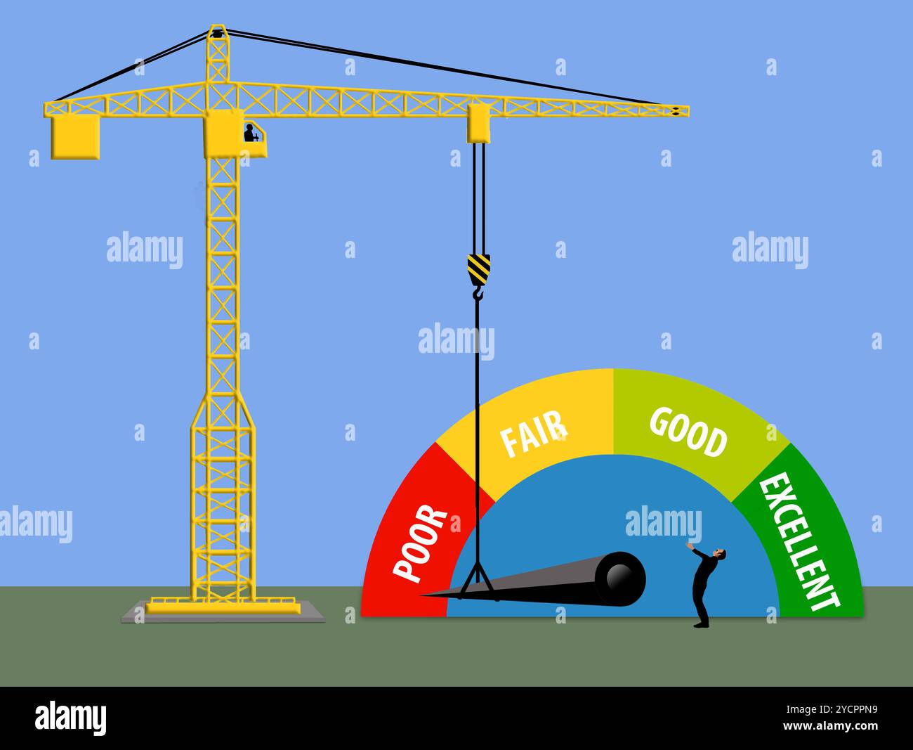 A couple guys use an industrial crane to try and lift the credit score ...