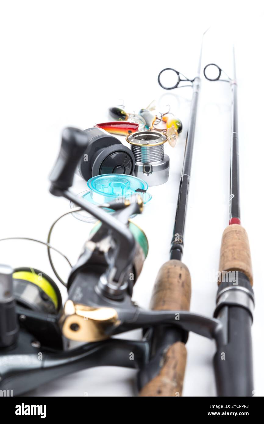 Fishing tackles - rod, reel, line and lures Stock Photo - Alamy