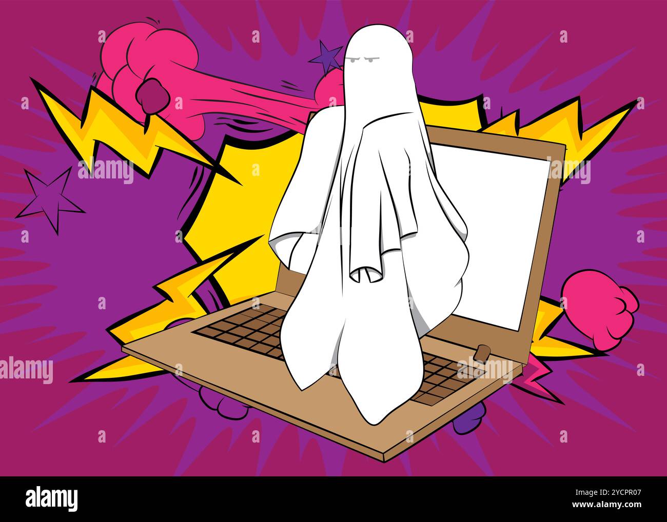 Cartoon Laptop, comic book Notebook with Ghost. Retro vector comics pop ...