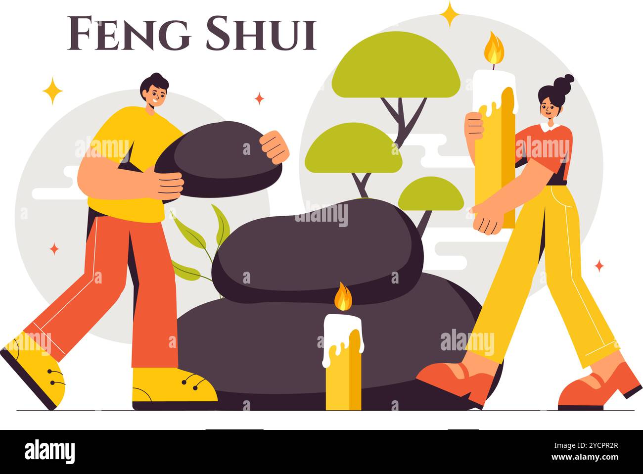 Feng Shui Oriental Philosophy Vector Illustration Featuring Stones and Plants for the Positive ...