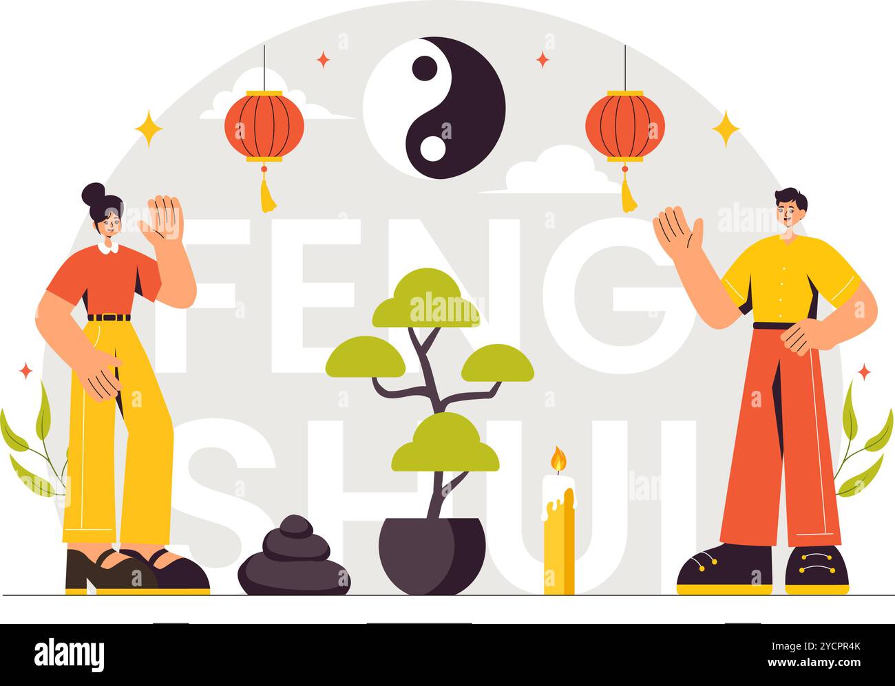 Feng Shui Oriental Philosophy Vector Illustration Featuring Stones and Plants for the Positive ...