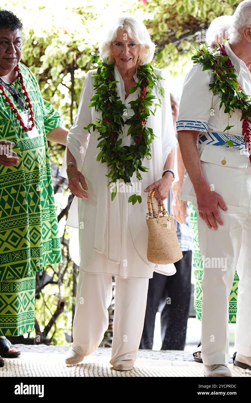 Queen Camilla during a visit to the Samoan Cultural Village in Apia ...