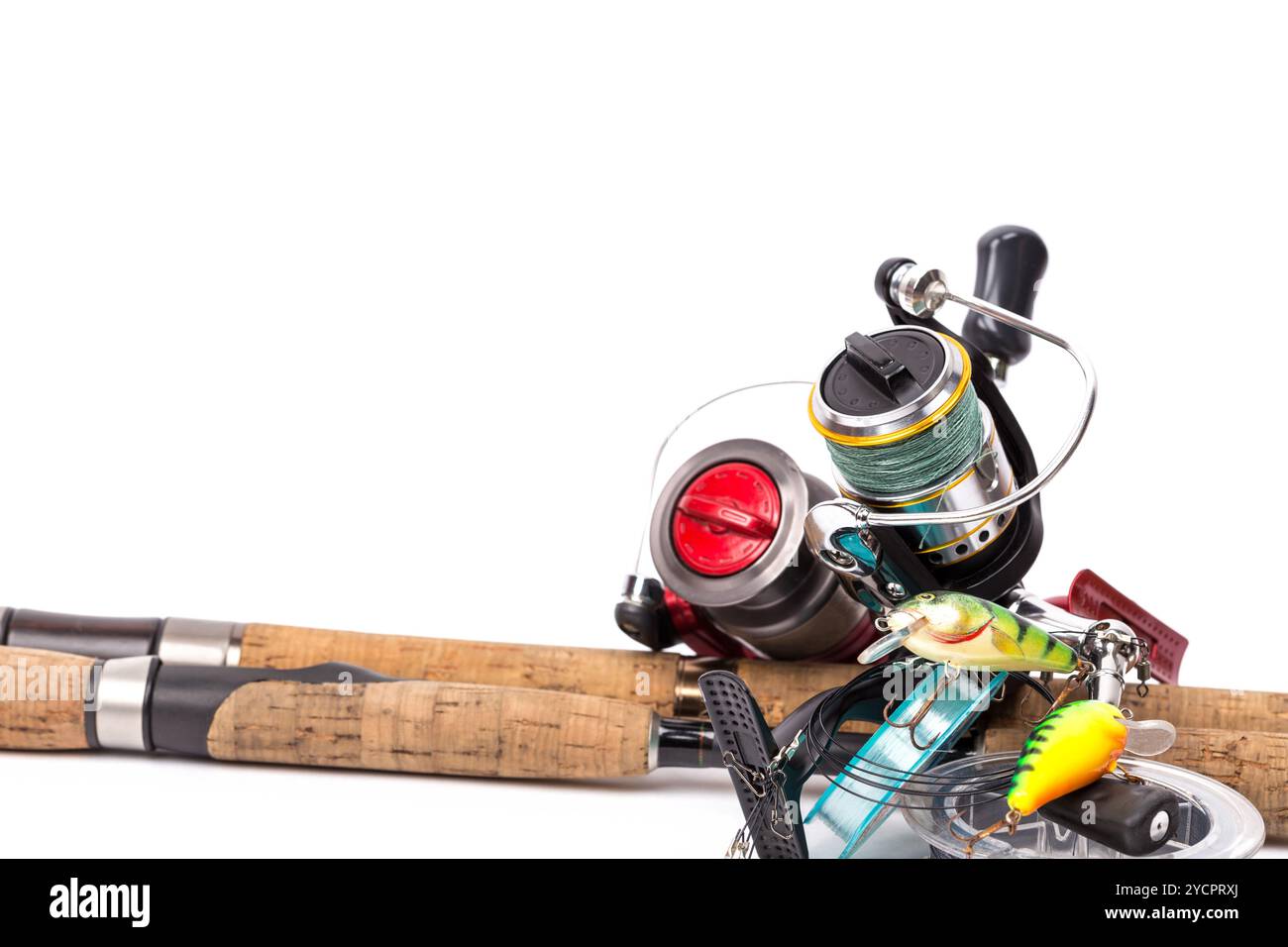 fishing tackles rods, reels, line and lures on white background Stock ...
