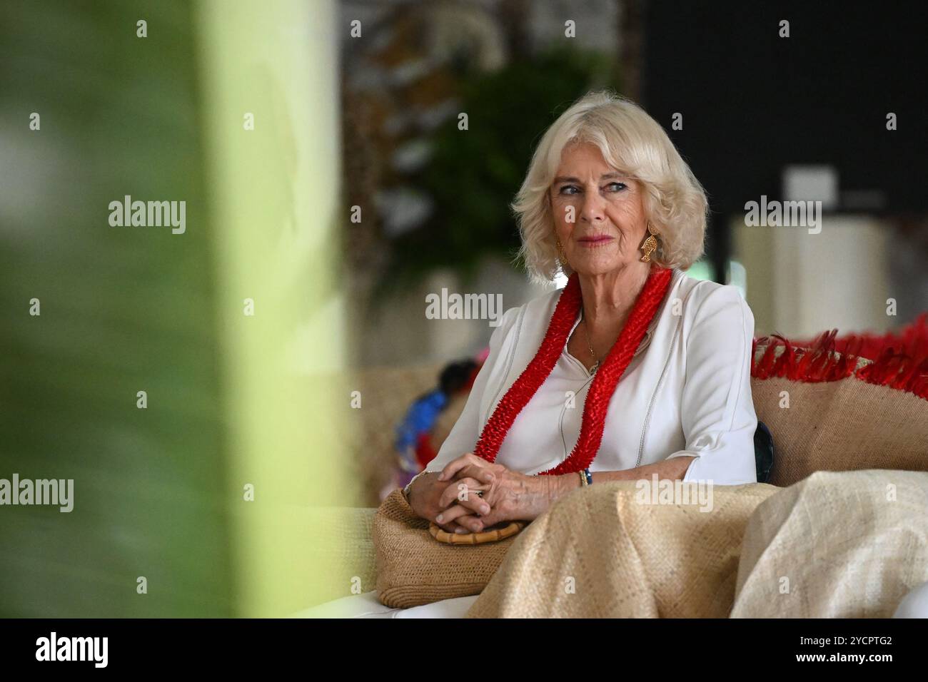 Queen Camilla during a visit to Moata'a village's aoga faifeau (pastor ...