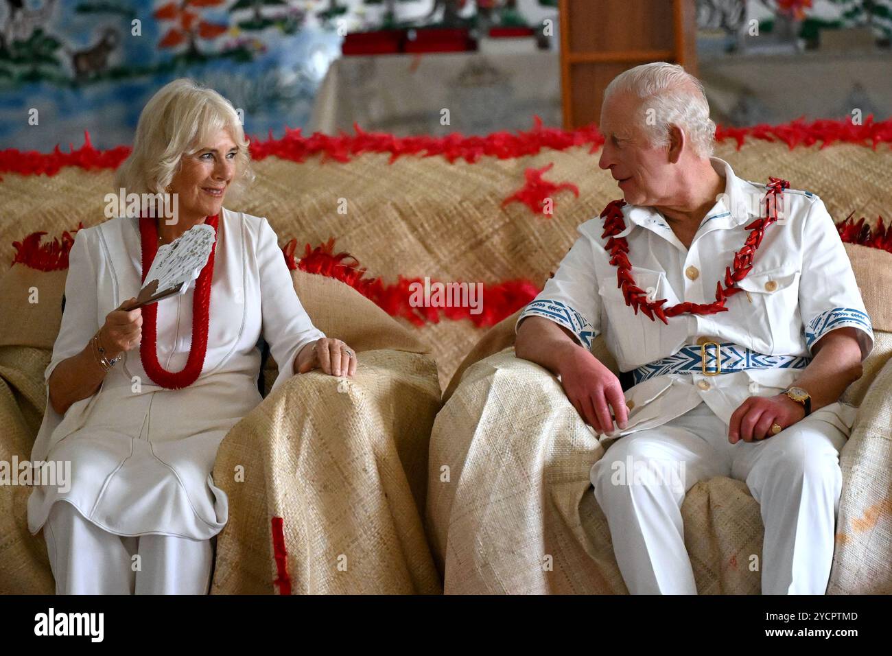 King Charles III and Queen Camilla during a traditional 'ava ceremonial ...