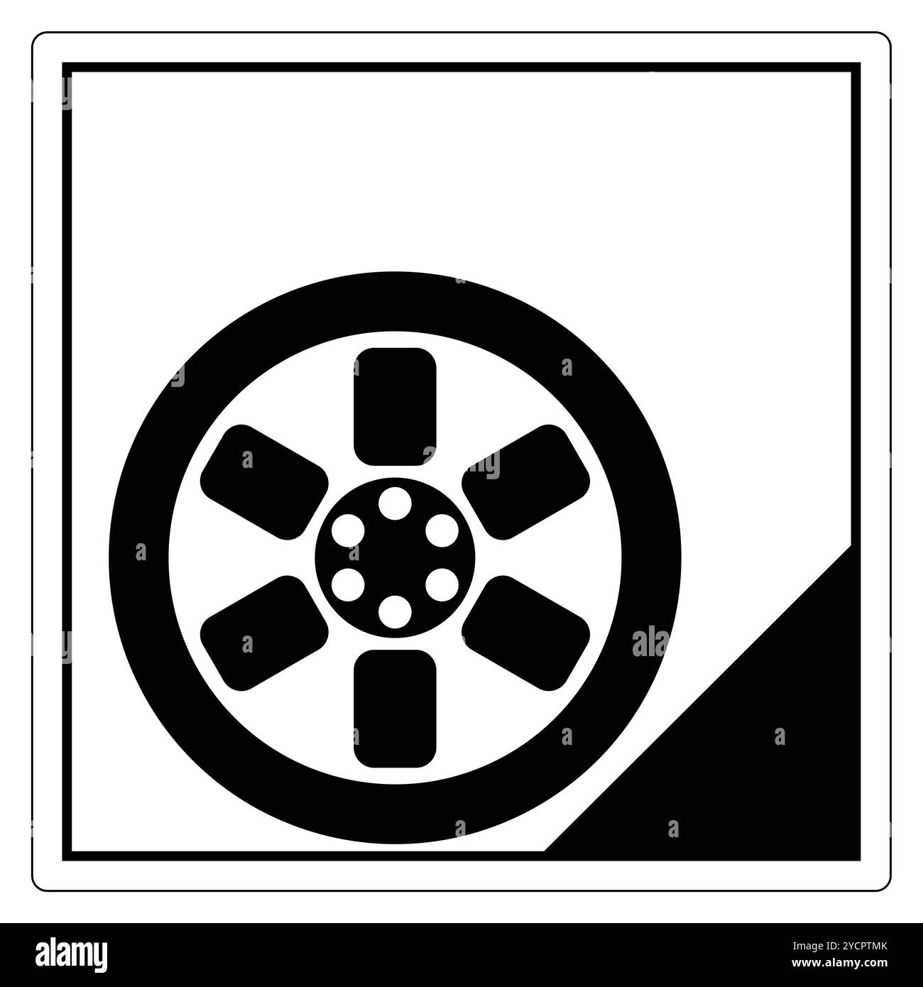 This image features a simple black and white wheel icon, representing ...