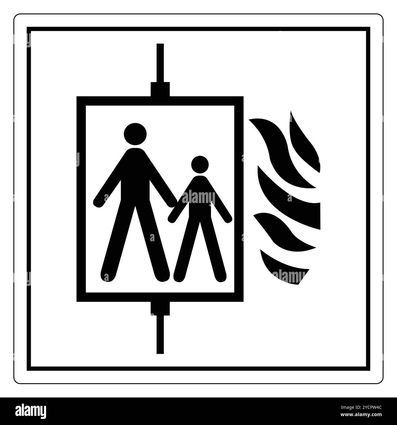 This graphic symbol illustrates an elevator safety sign featuring an ...