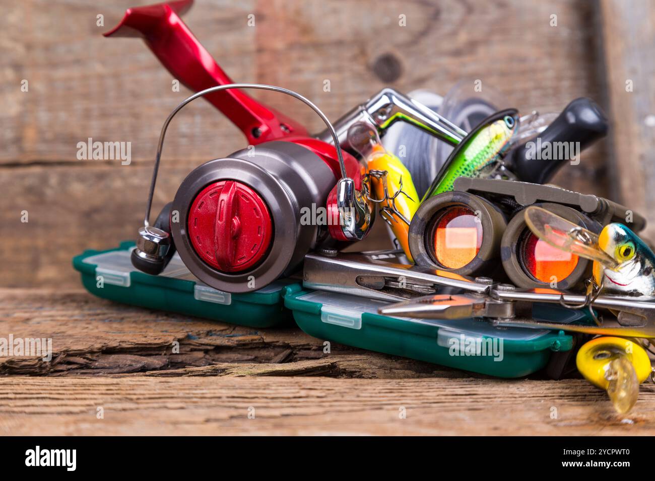 Fishing gear on wooden hi-res stock photography and images - Alamy