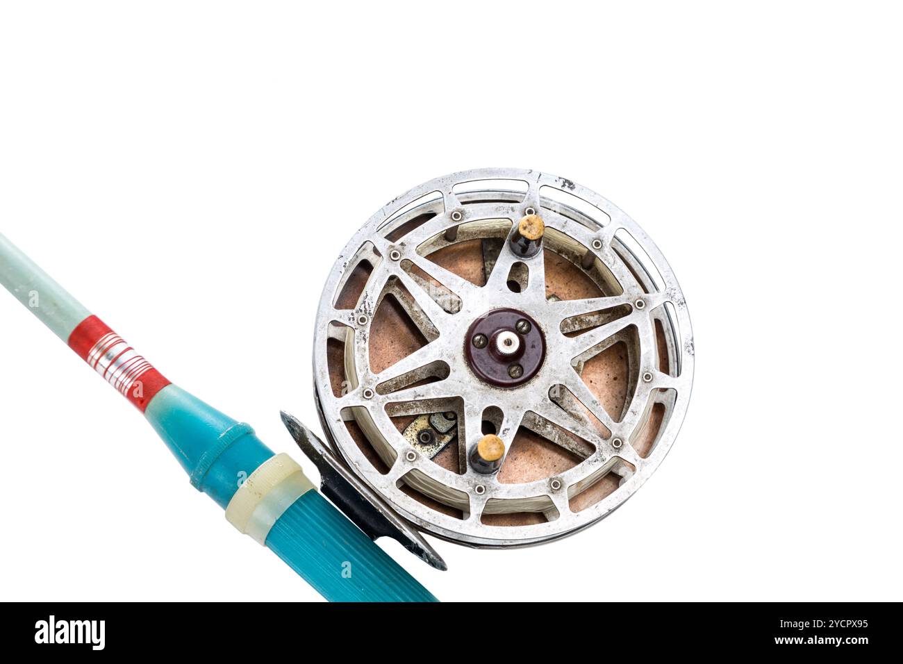 vintage fishing reel and rod on white background Stock Photo - Alamy