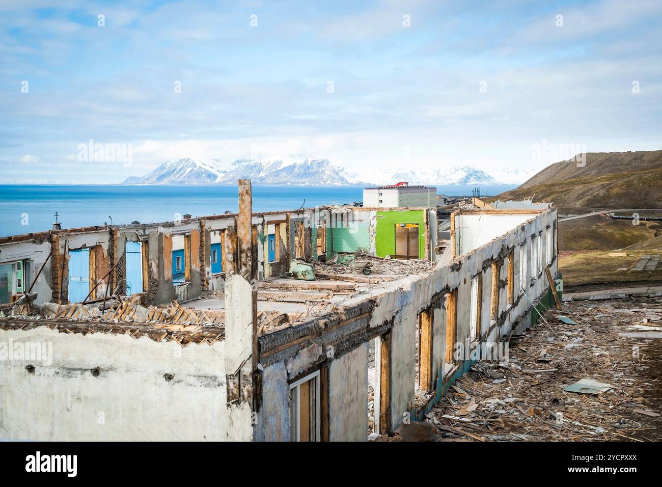 Destroyed buildings in Barentsburg, russian city in Svalbard Stock ...