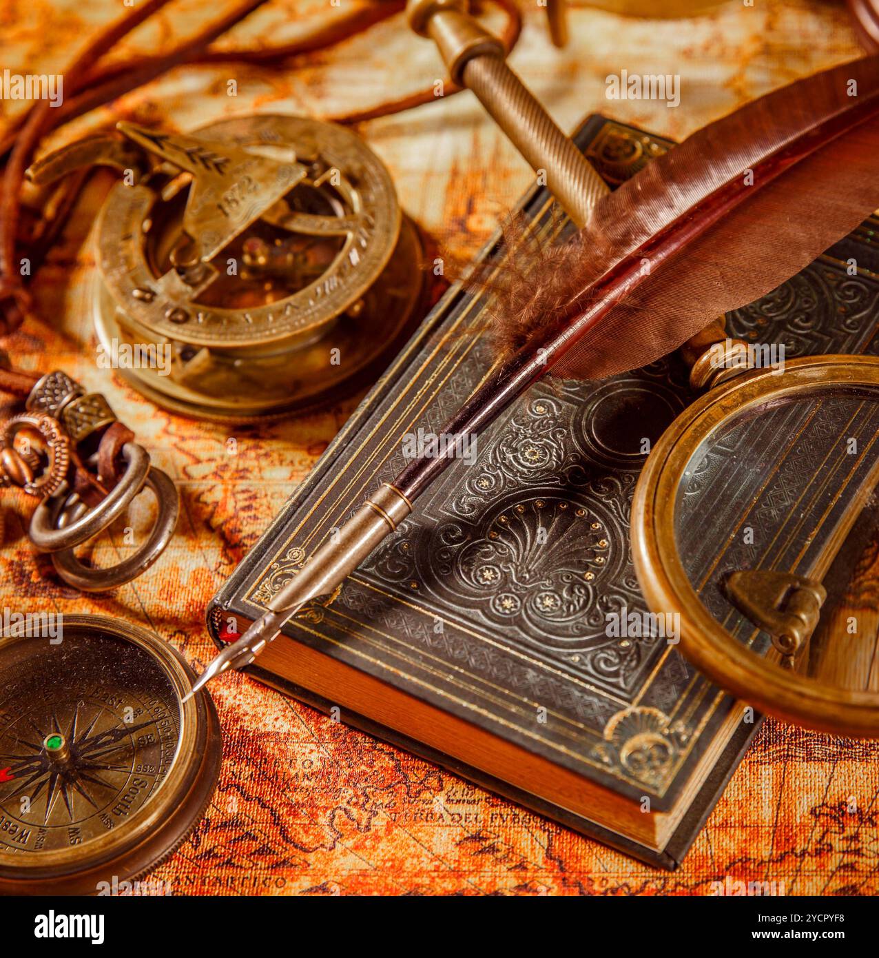 Vintage magnifying glass lies on an ancient world map Stock Photo - Alamy