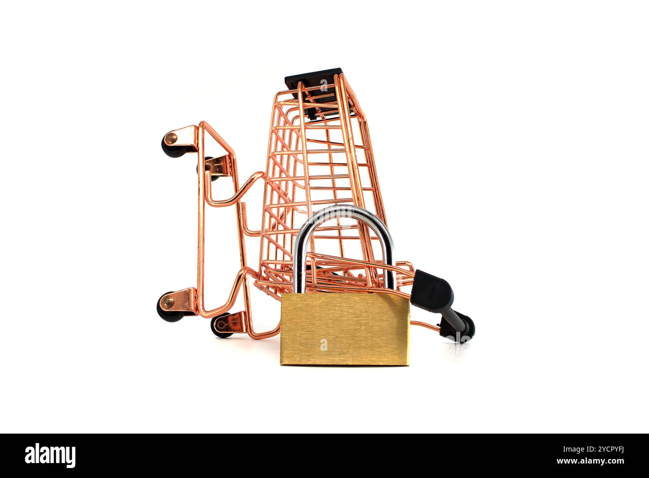 Copper-colored shopping cart with large padlock attached to it ...