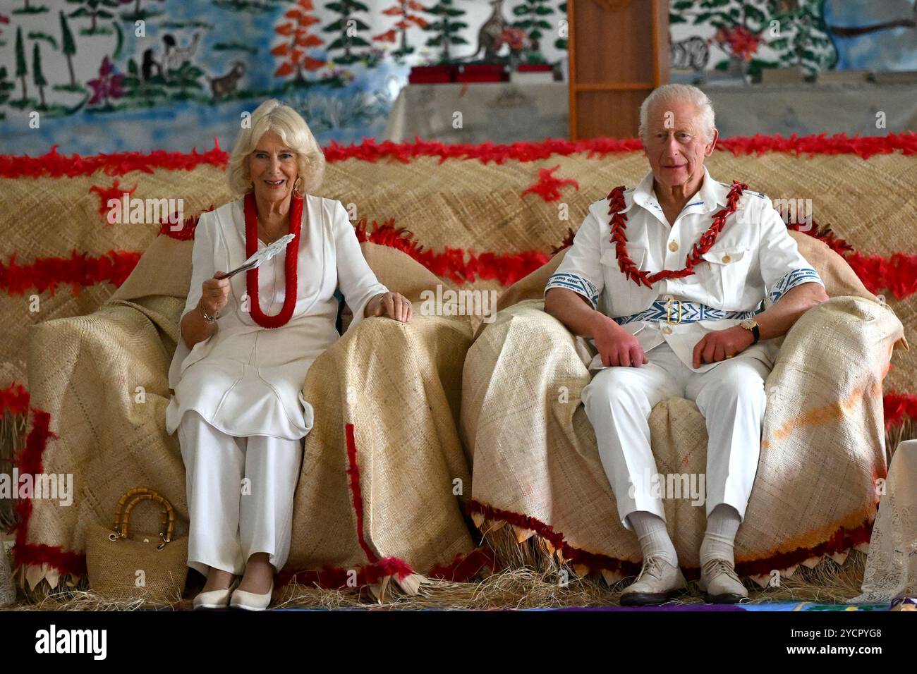 King Charles III and Queen Camilla during a traditional 'ava ceremonial ...