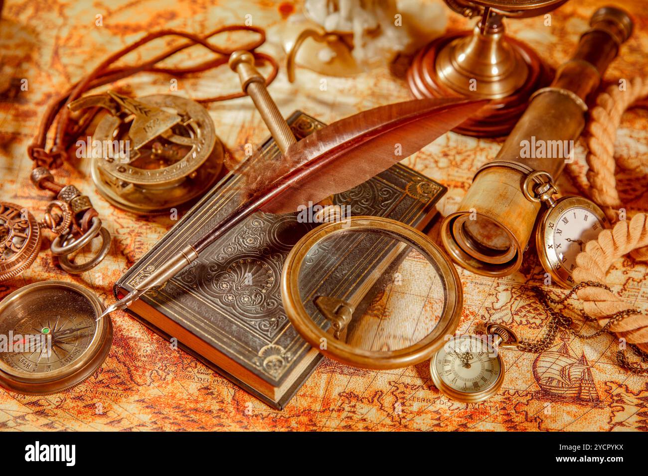 Vintage magnifying glass lies on an ancient world map Stock Photo - Alamy