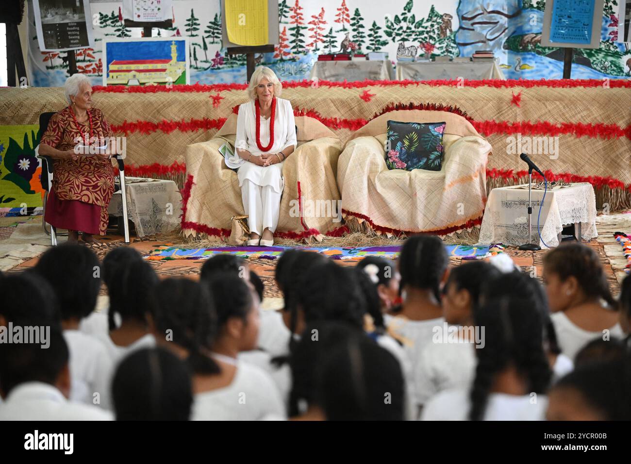 Queen Camilla meets members of Moata'a village's aoga faifeau (pastor's ...