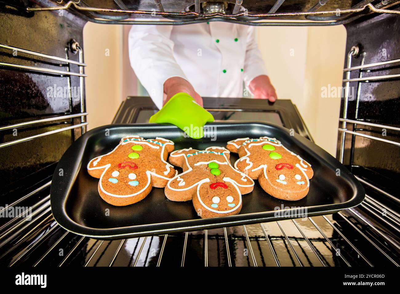Baking Gingerbread man in the oven, view from the inside of the oven ...