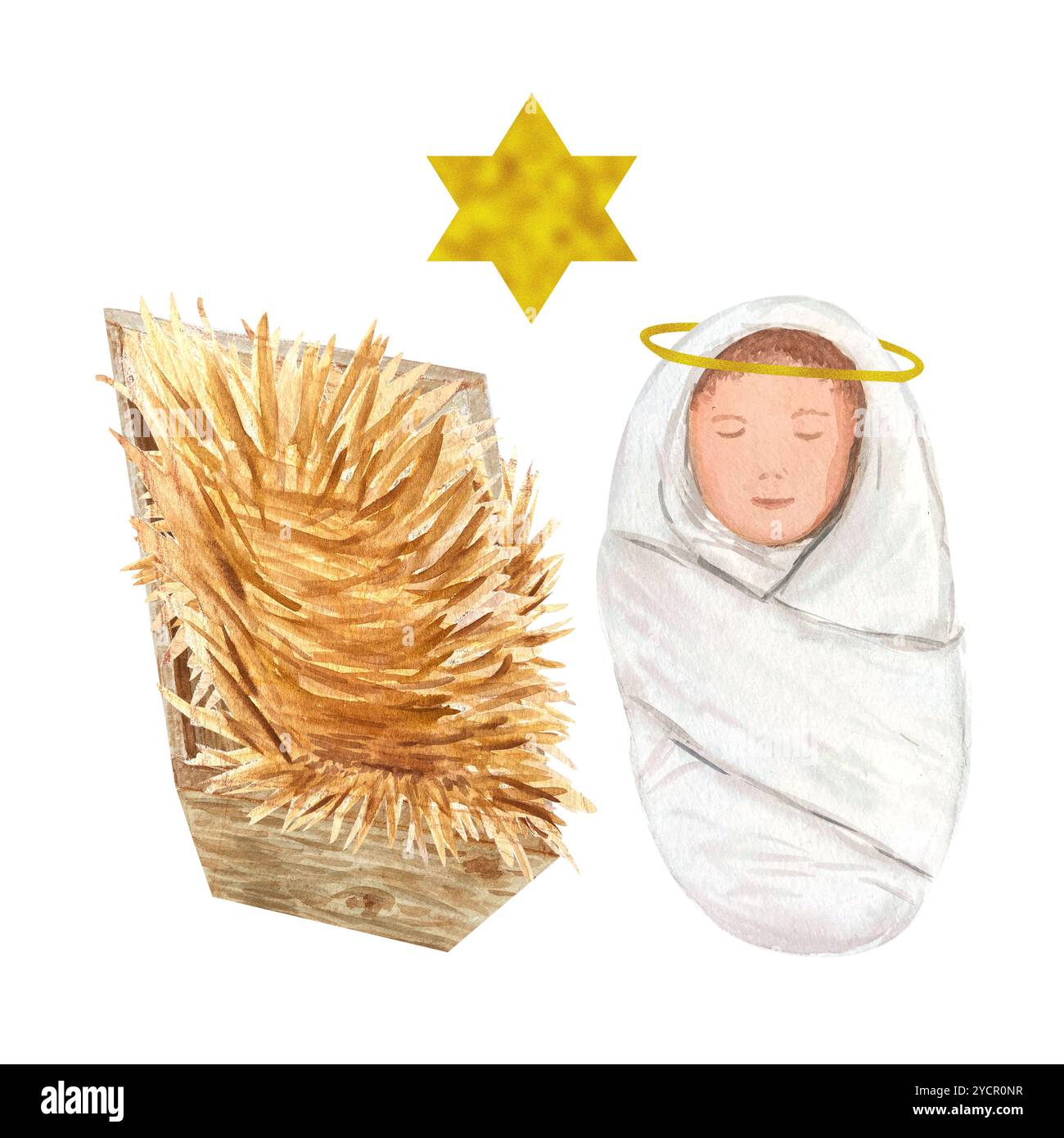 Wrapped baby Jesus, manger and golden star of David watercolor ...