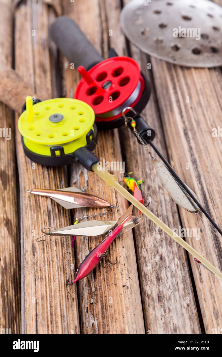 Closeup ice fishing tackles and equipment Stock Photo - Alamy