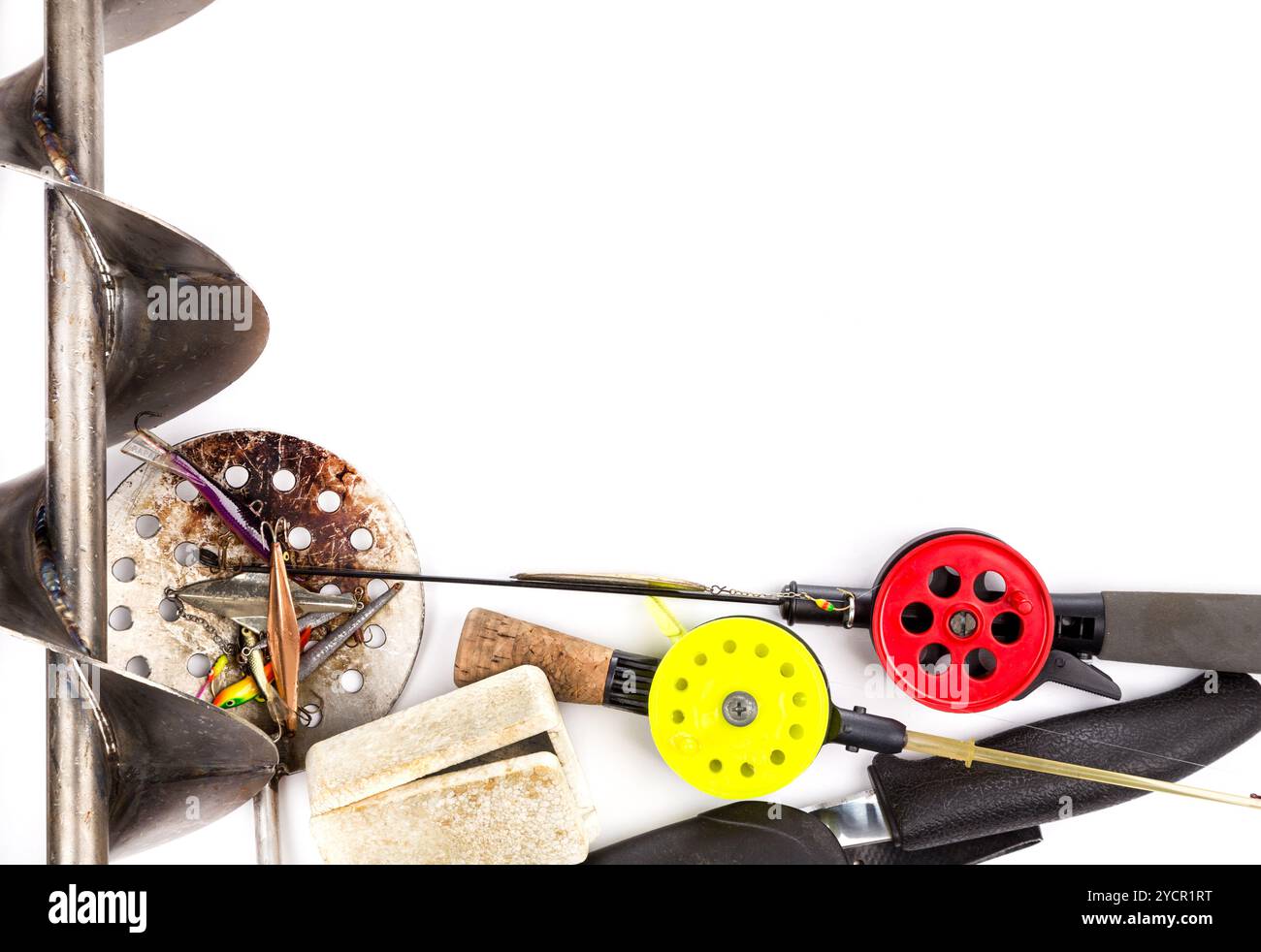 Frame from ice fishing rods, tackles and equipment Stock Photo - Alamy