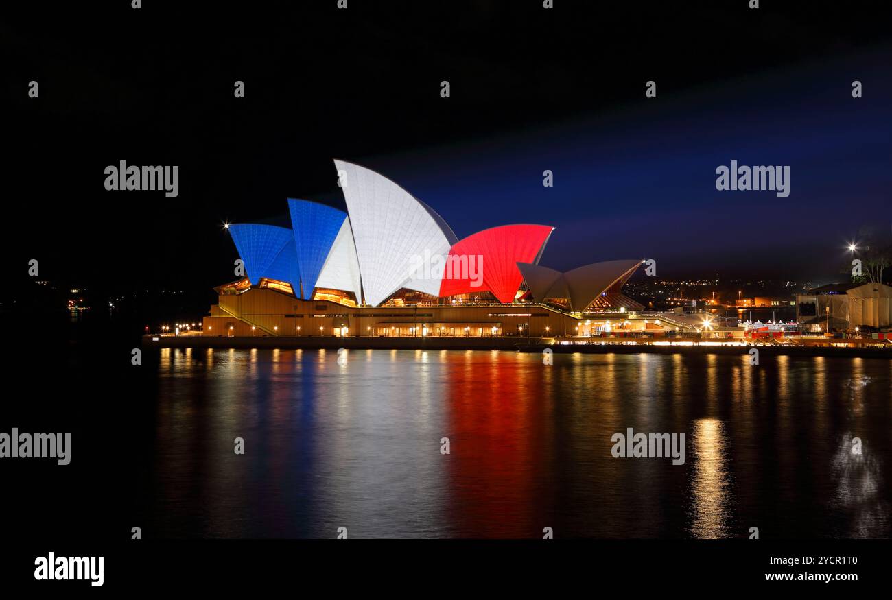 Sydney Opera House lit up in French Flag Colours Stock Photo - Alamy