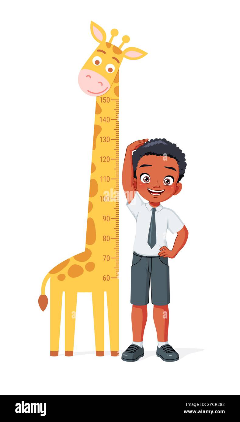 Young African American boy measuring his height. Cartoon vector ...