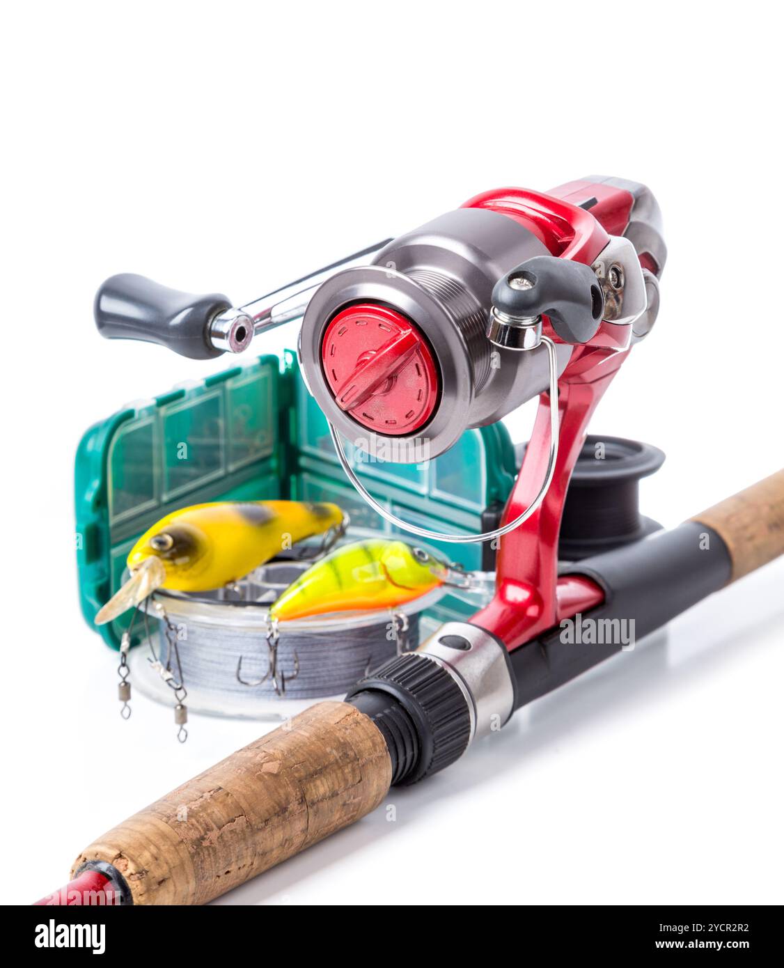 different fishing tackles on white background Stock Photo - Alamy