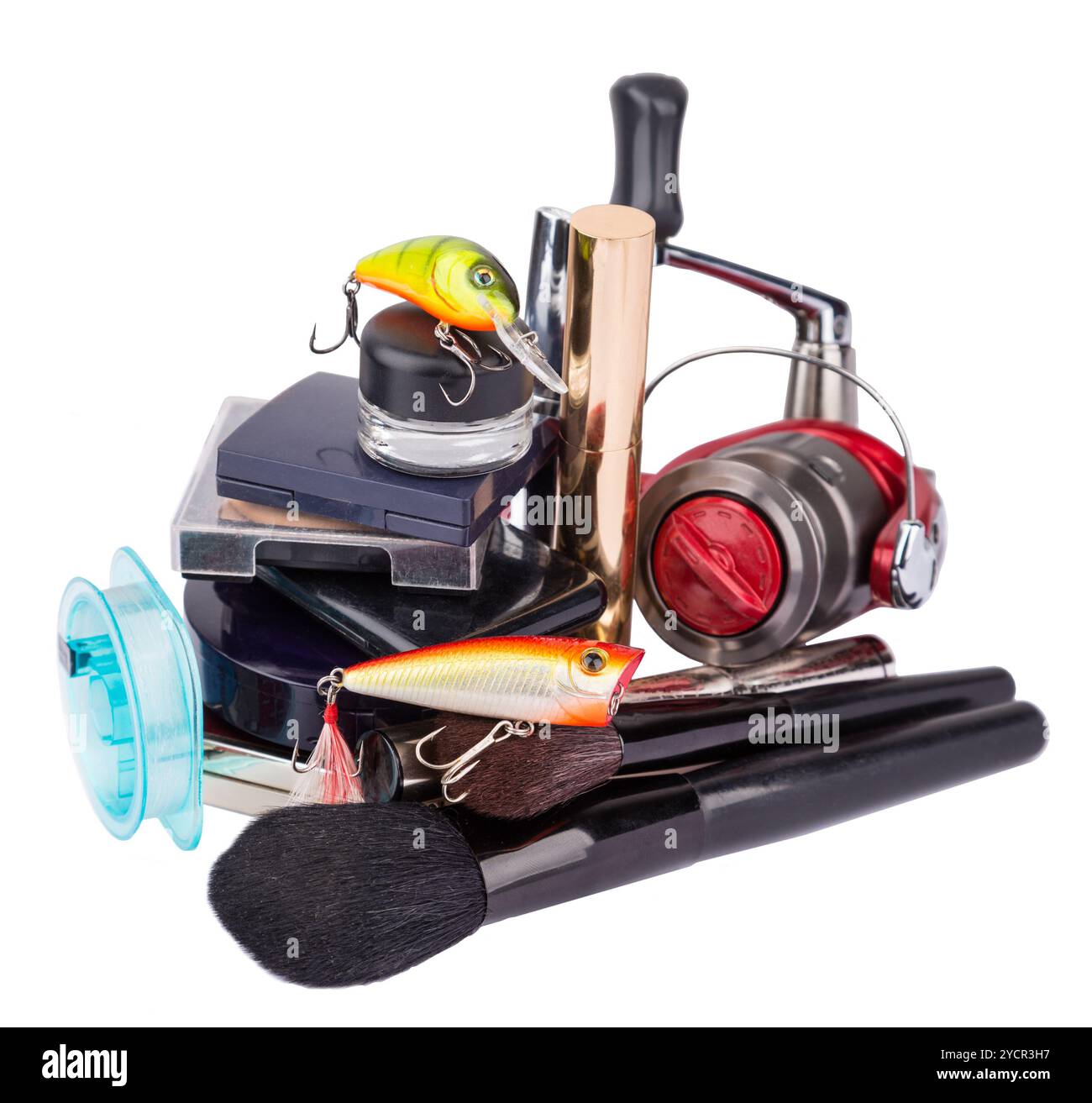 Surprise woman beauty cosmetic tools and fishing tackles Stock Photo ...
