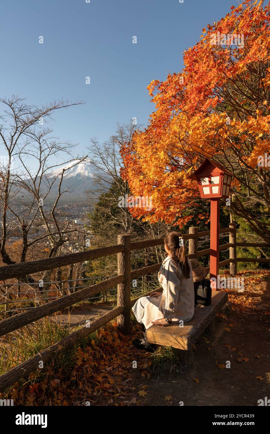 Asian Woman Enjoying a Peaceful Autumn at Mount Fuji Scenic Viewpoint ...