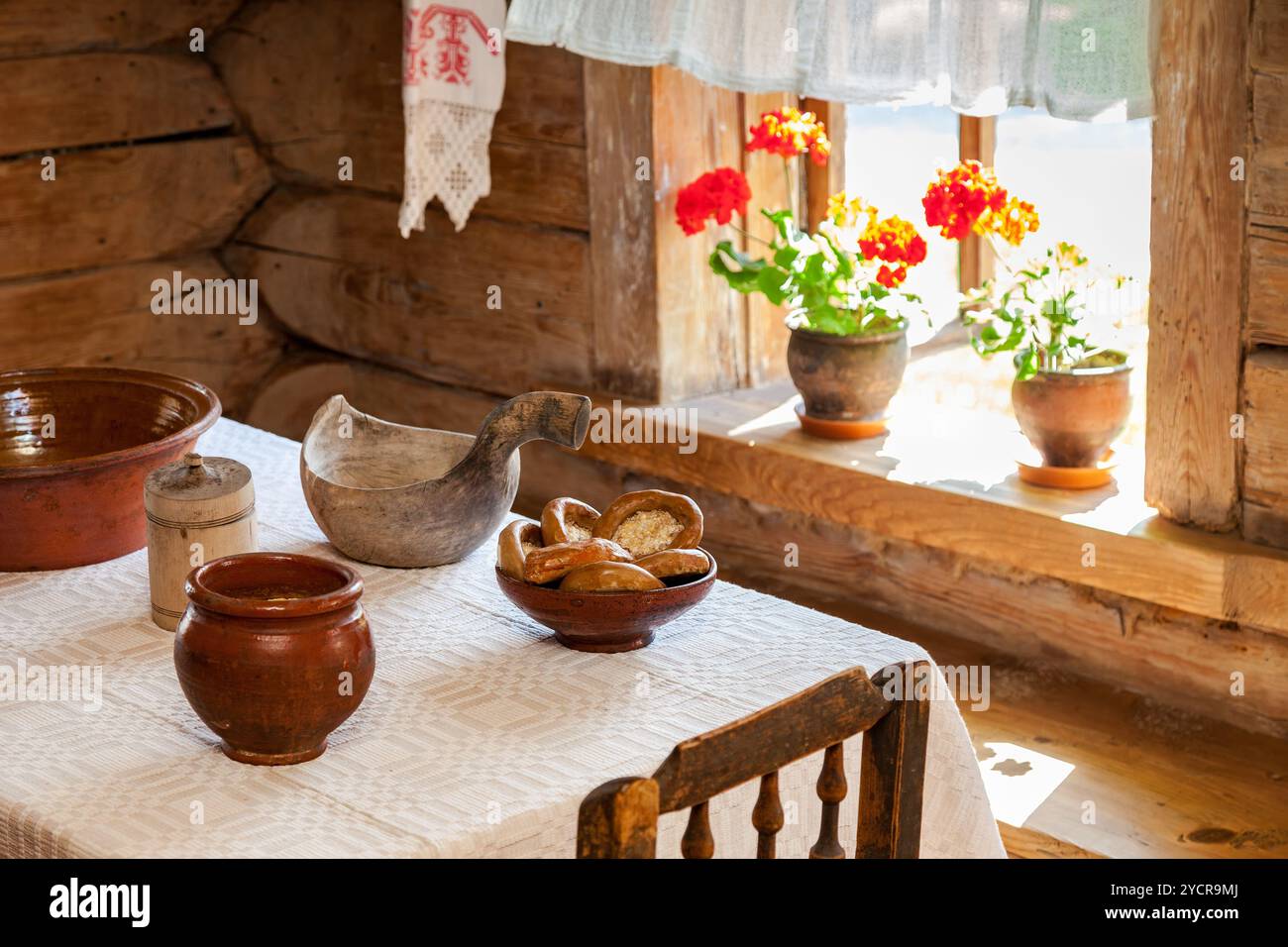 Interior of old rural wooden house in the museum of wooden architecture ...