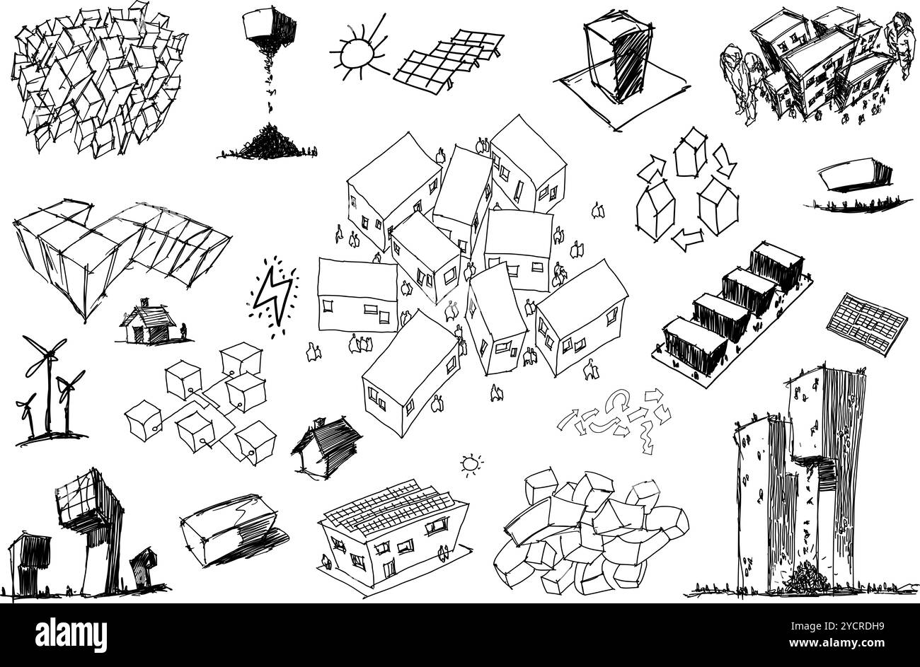 hand drawn architectural sketches of urban ideas and city structures ...