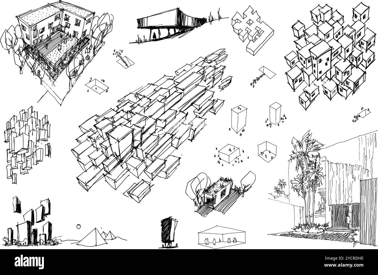 hand drawn architectural sketches of urban ideas and city structures ...