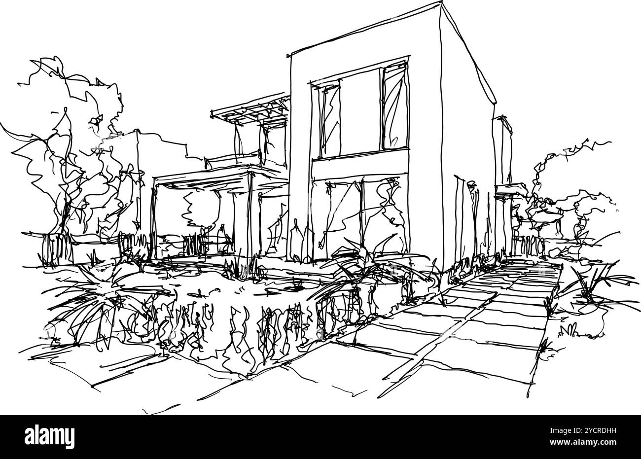 hand drawn architectural sketch of beautiful modern detached village ...