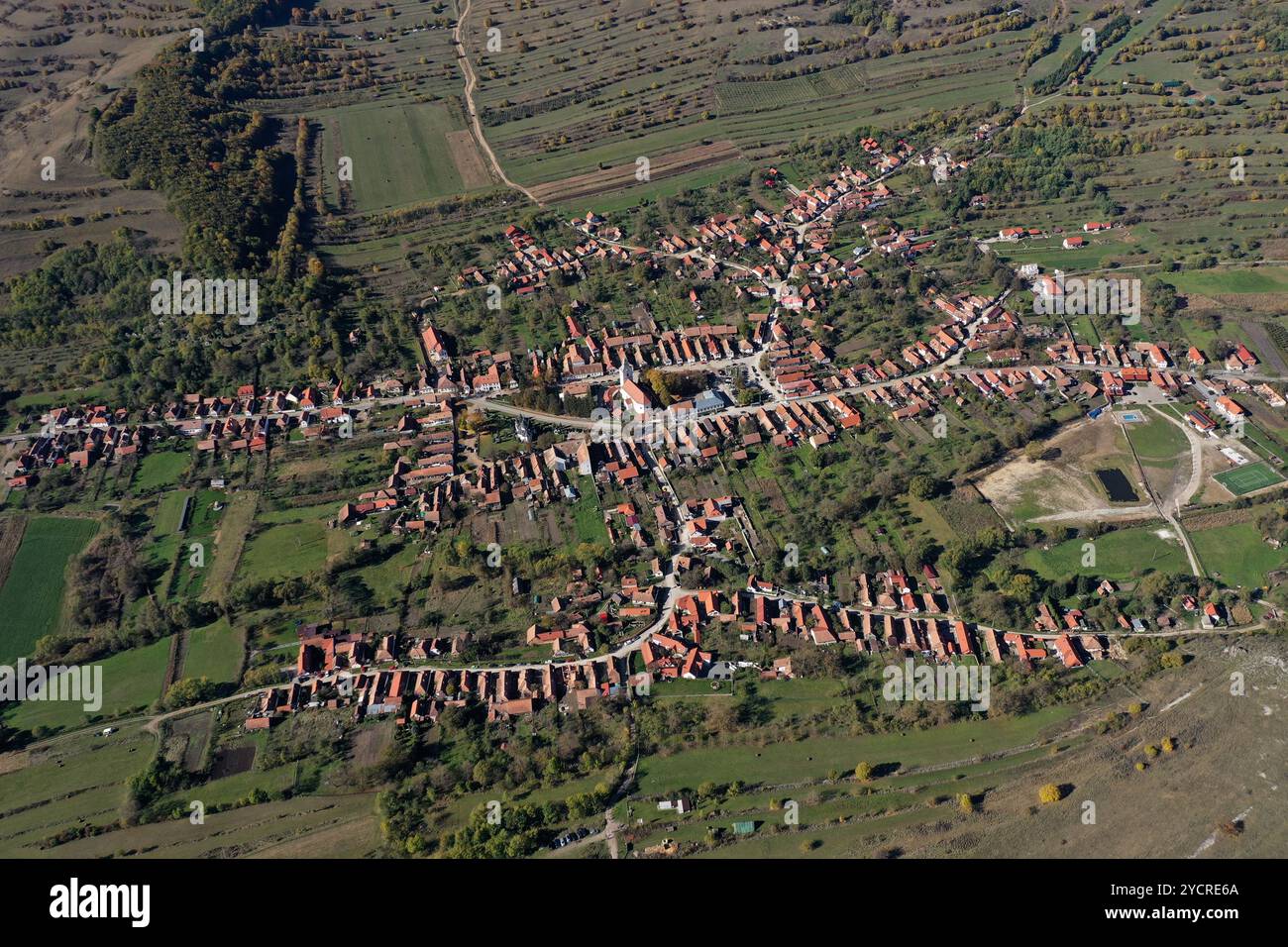 Aerial view of streets of Rimetea, Torocko village in Transylvania ...