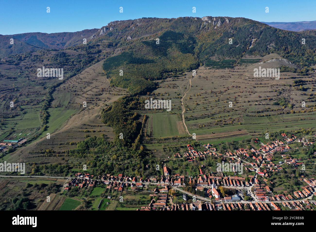 Aerial view of streets of Rimetea, Torocko village in Transylvania ...