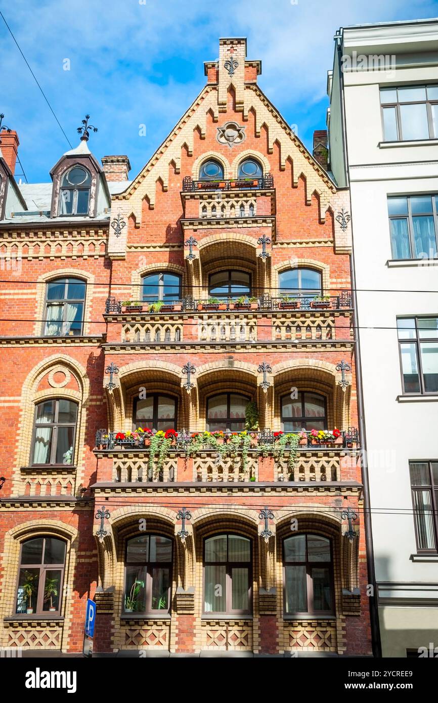View on decorated building facade with balconies Stock Photo - Alamy
