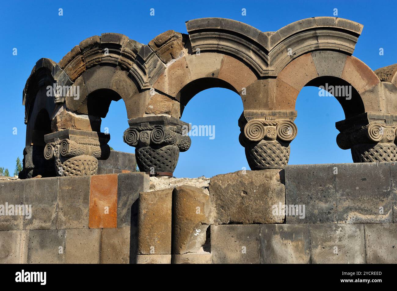 rebuilt sections of the ruins of Zvarnots Cathedral, located near the ...