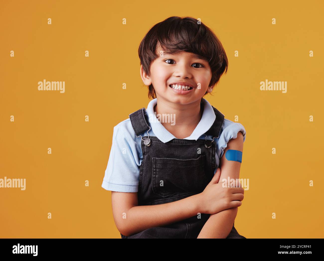 Asian child, portrait and happy on studio background for vaccine ...