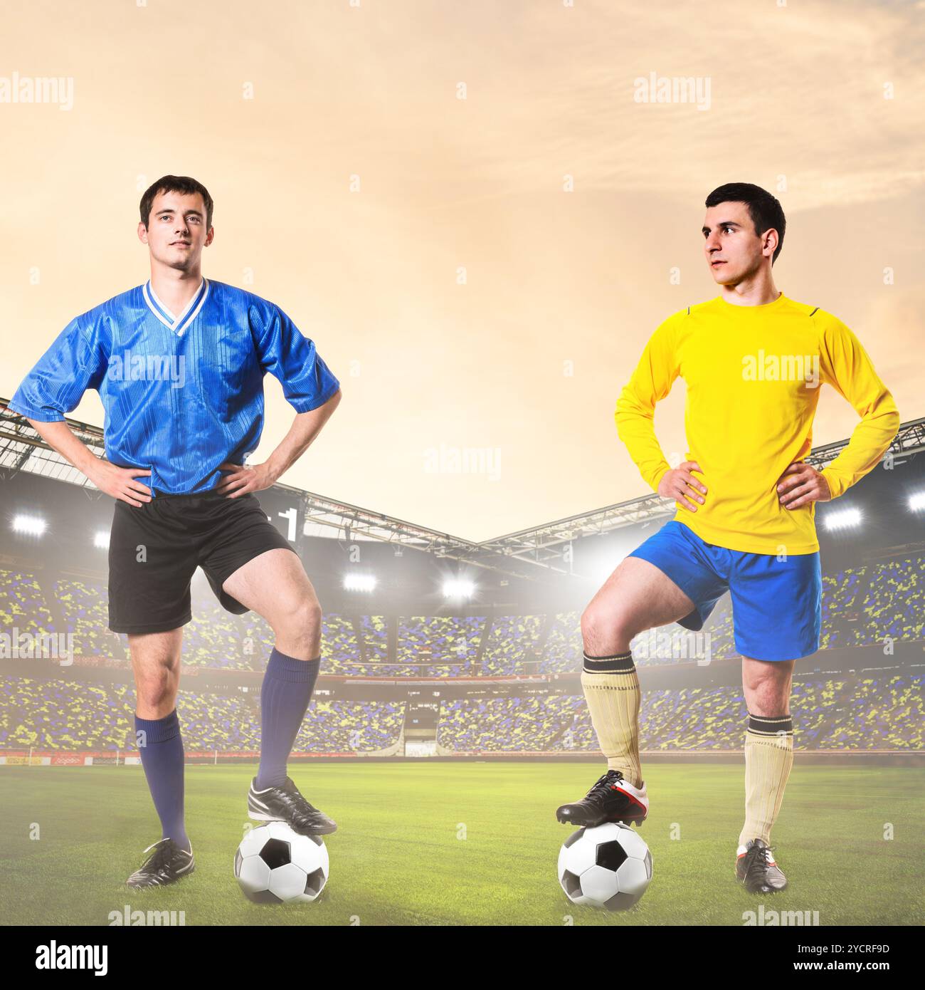 Two rival soccer or football players Stock Photo - Alamy