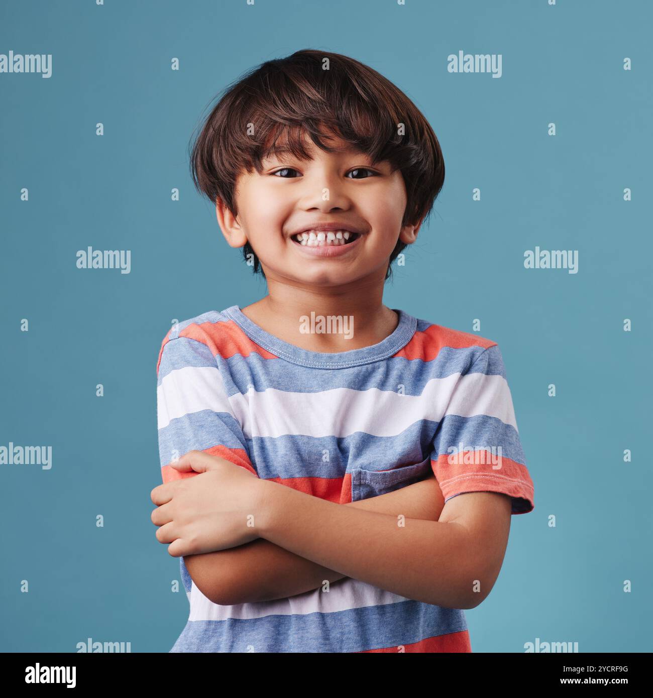 Japanese kid, boy and arms crossed in studio background for fashion ...