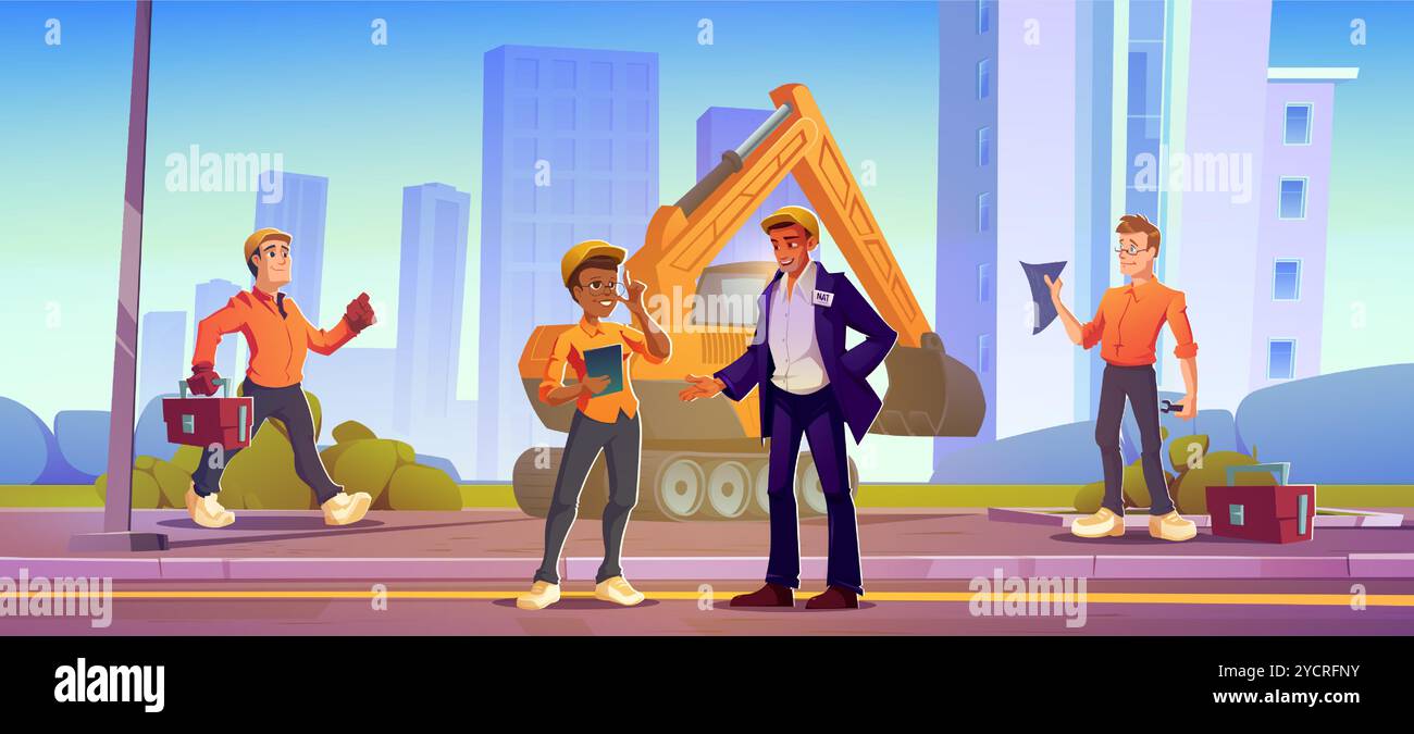 Construction workers in safety gear and architect discuss project in ...