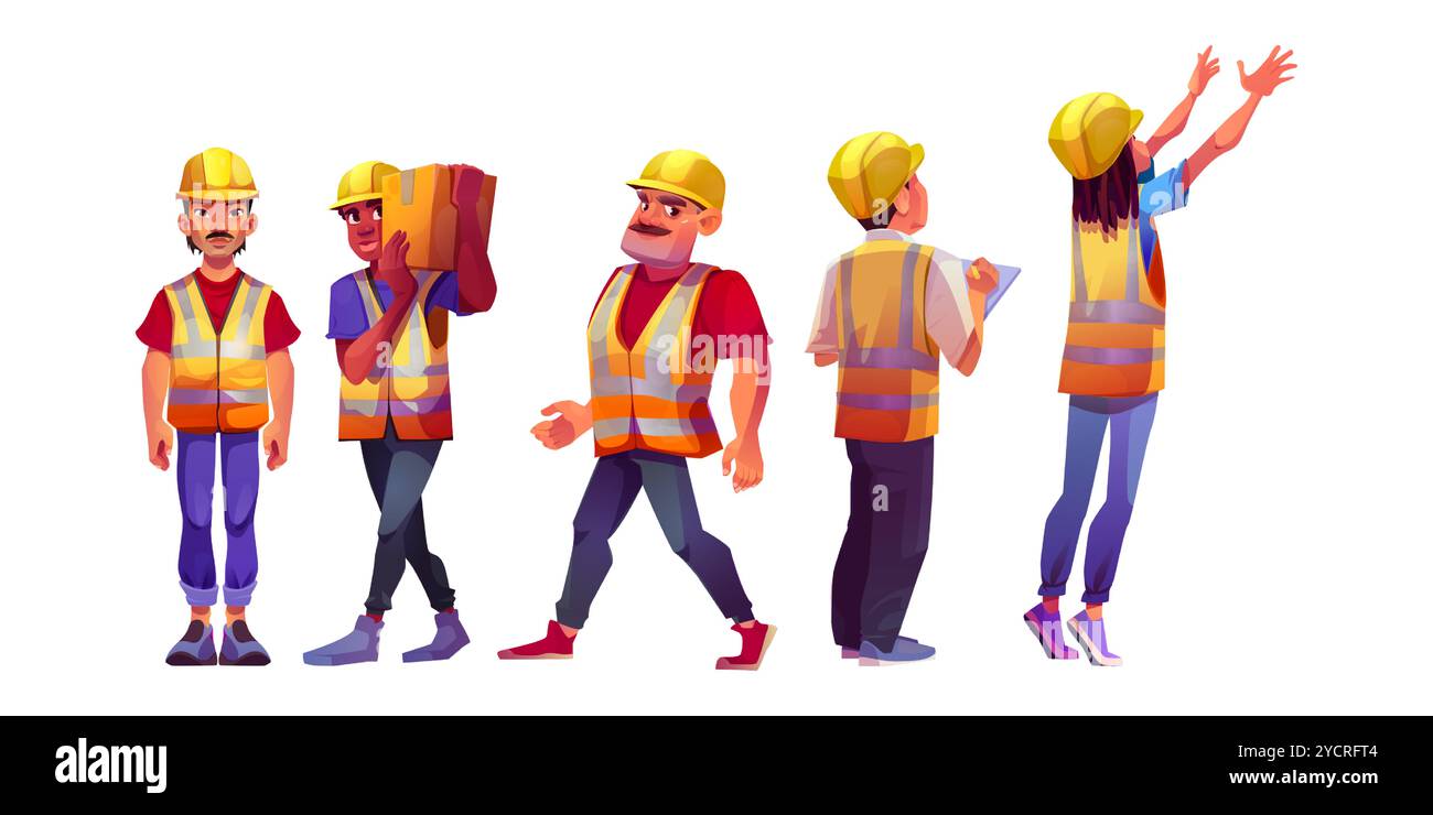 Construction workers wearing yellow hard hats and reflective vests in ... Construction workers wearing yellow hard hats and reflective vests in ...