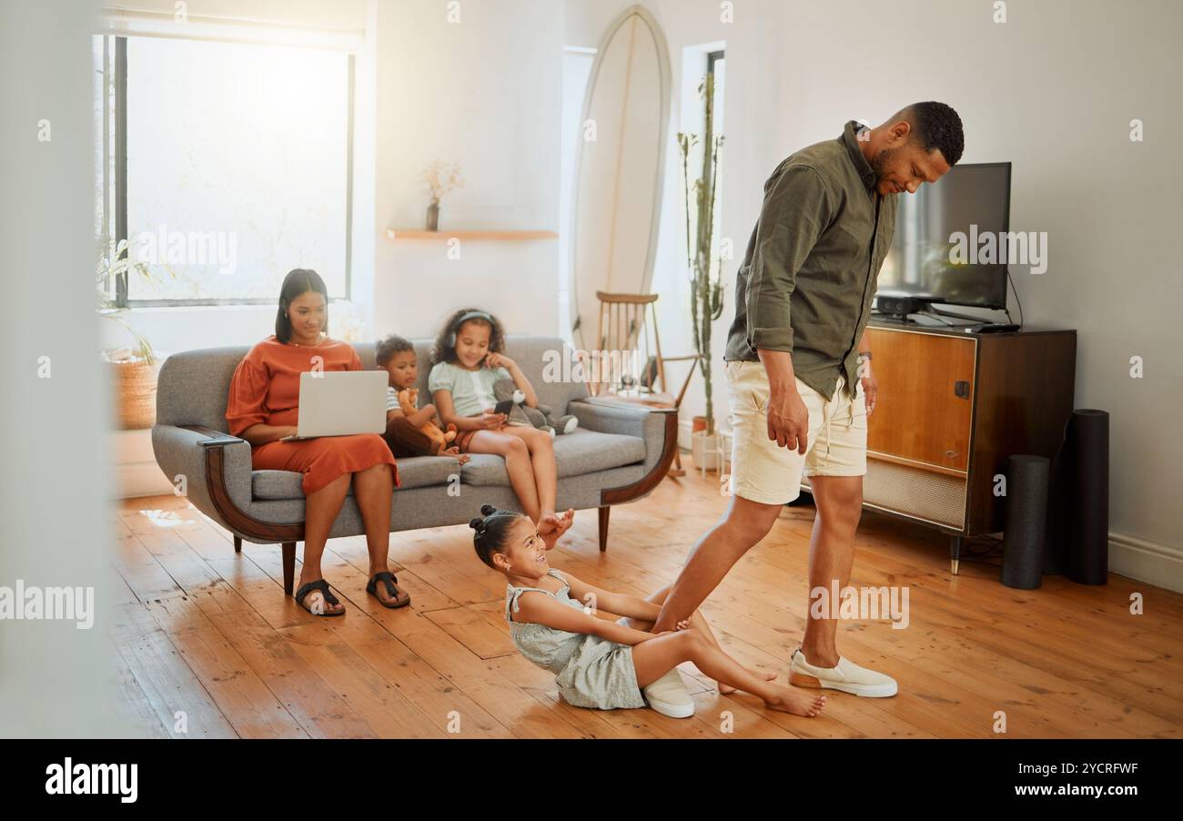 Happy, home and child on leg of father for playing, fun and goofy joke ...