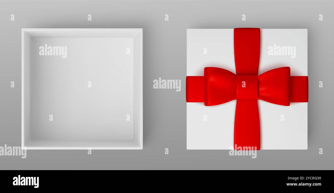 3D mockup of open white gift box with open lid, red ribbon and bow top ...