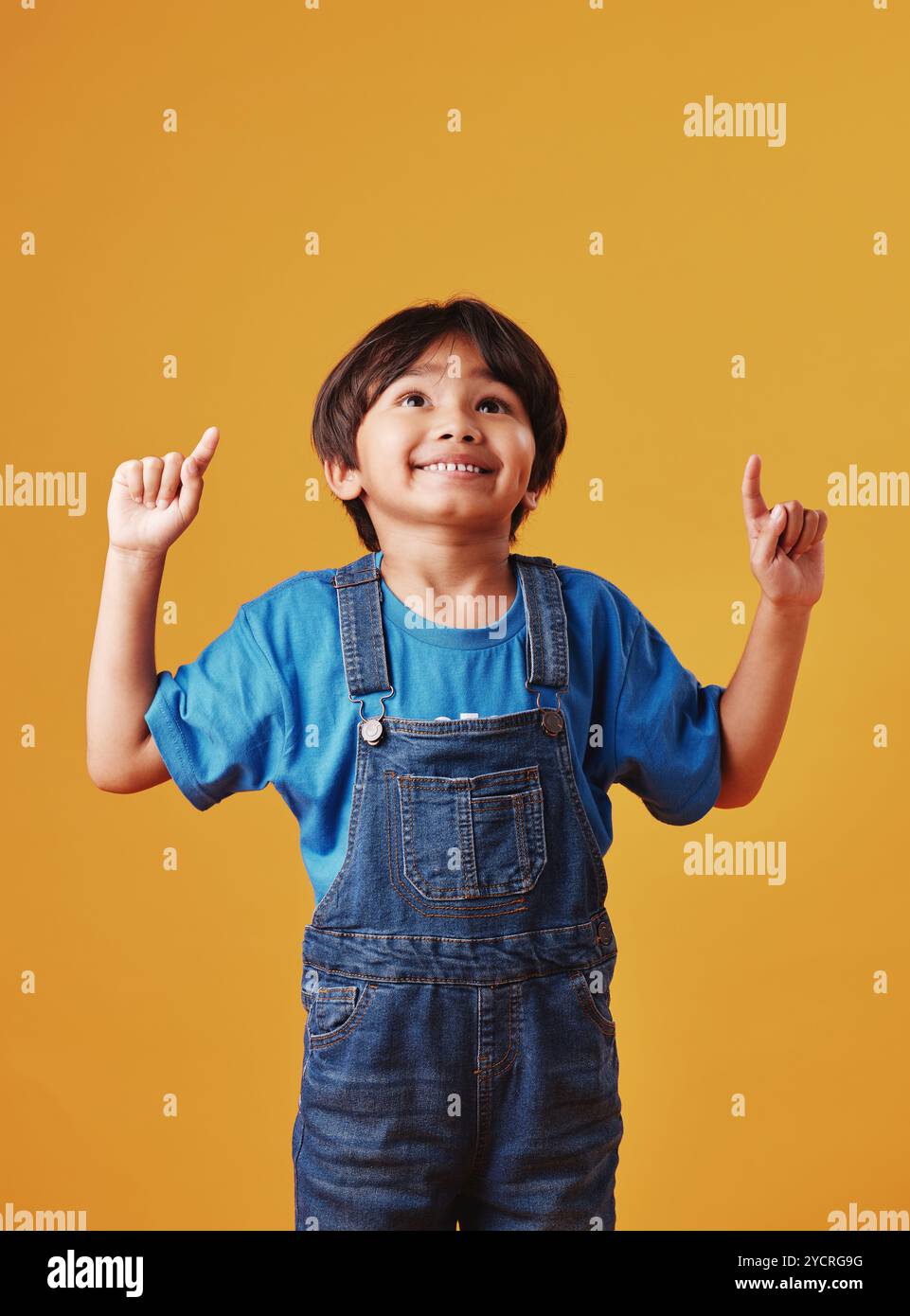 Kid, pointing up and boy with announcement, showing and promotion on ...