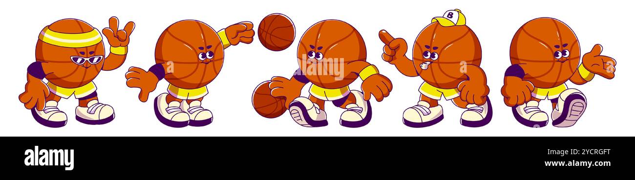 Retro cartoon basketball mascots in dynamic poses. Playful character ...