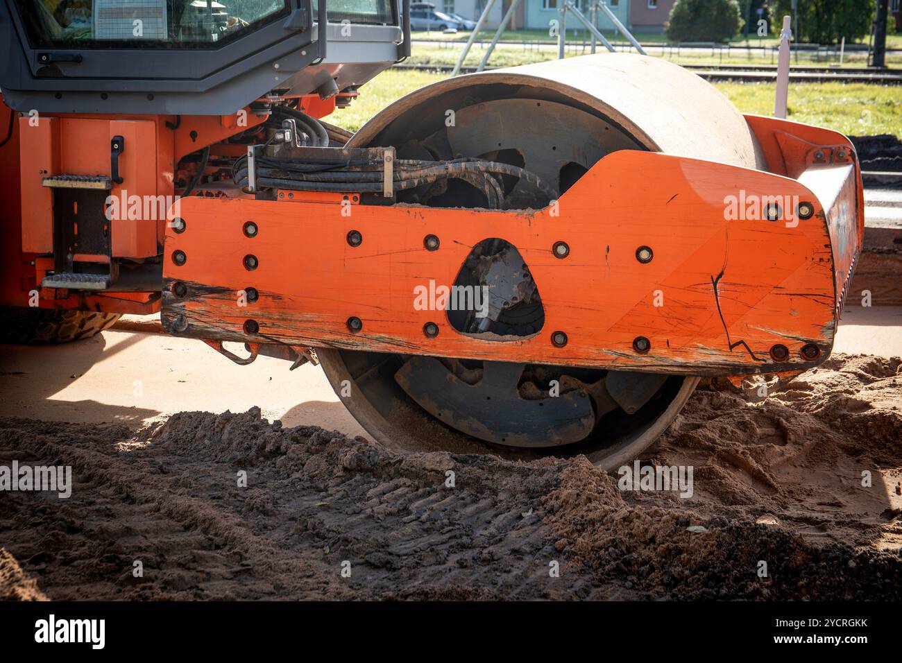 Road roller at construction site. Construction equipment and road ...