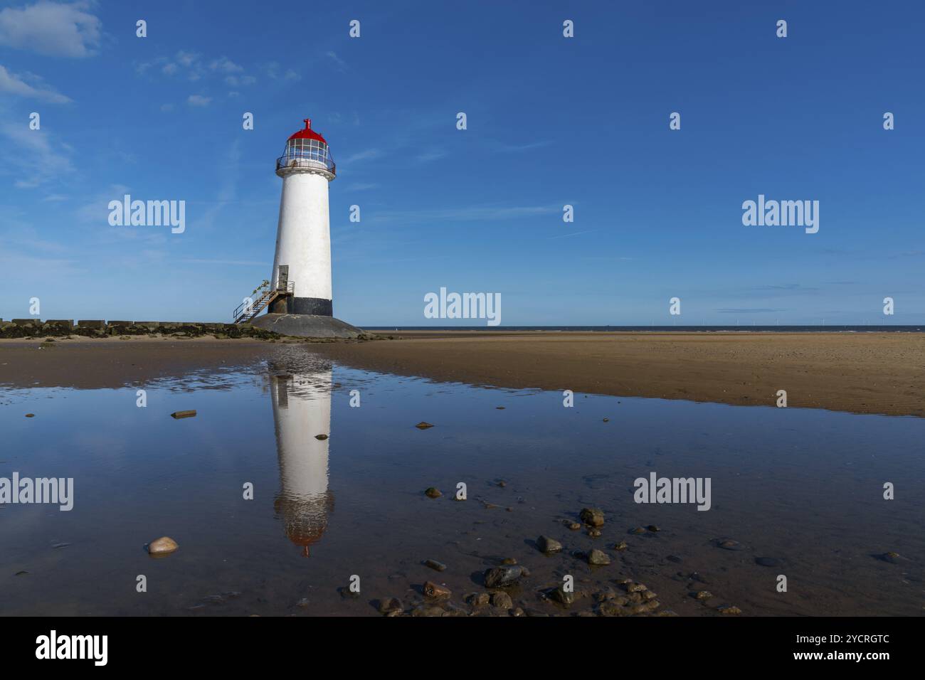 A view of the Point of Ayr Lighthouse and Talacre Beach in northern ...