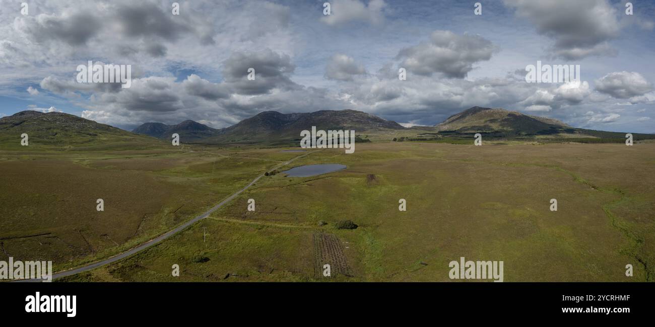 Drone panorama landscape of Connemara National Park and the Twelve Bens ...