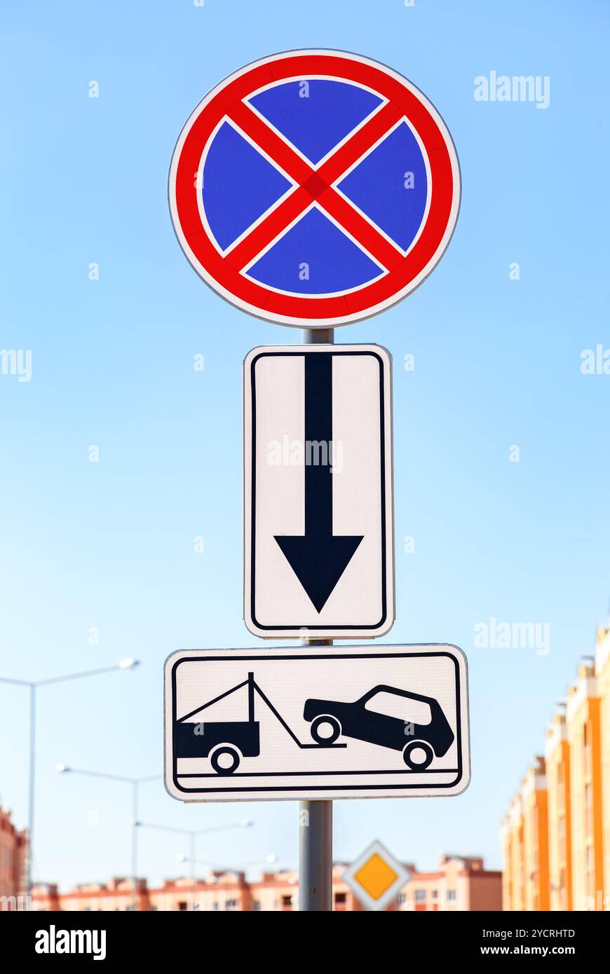 Traffic sign prohibiting parking. Evacuation on tow truck Stock Photo ...