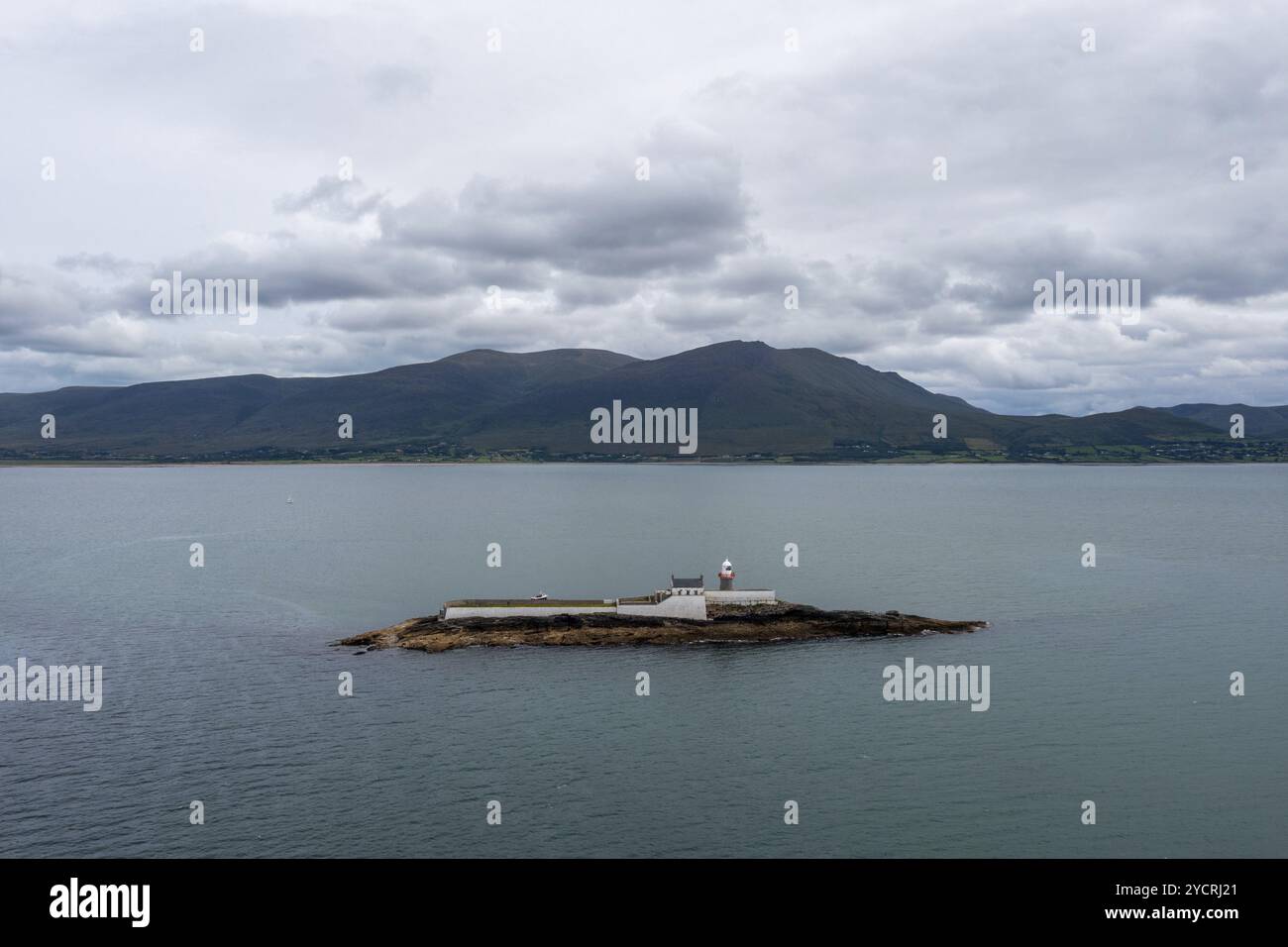Aerial view of the historic Fenit Lighthouse on Little Samphire Island ...